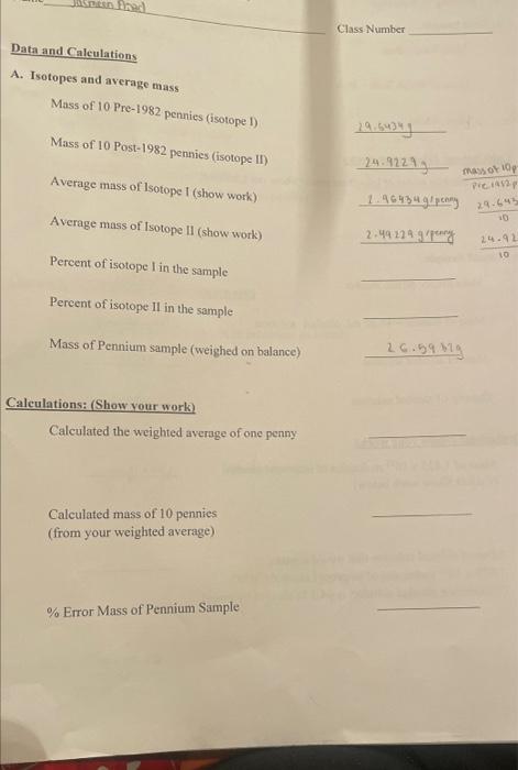 Solved Data and Calculations A. Isotopes and average mass | Chegg.com