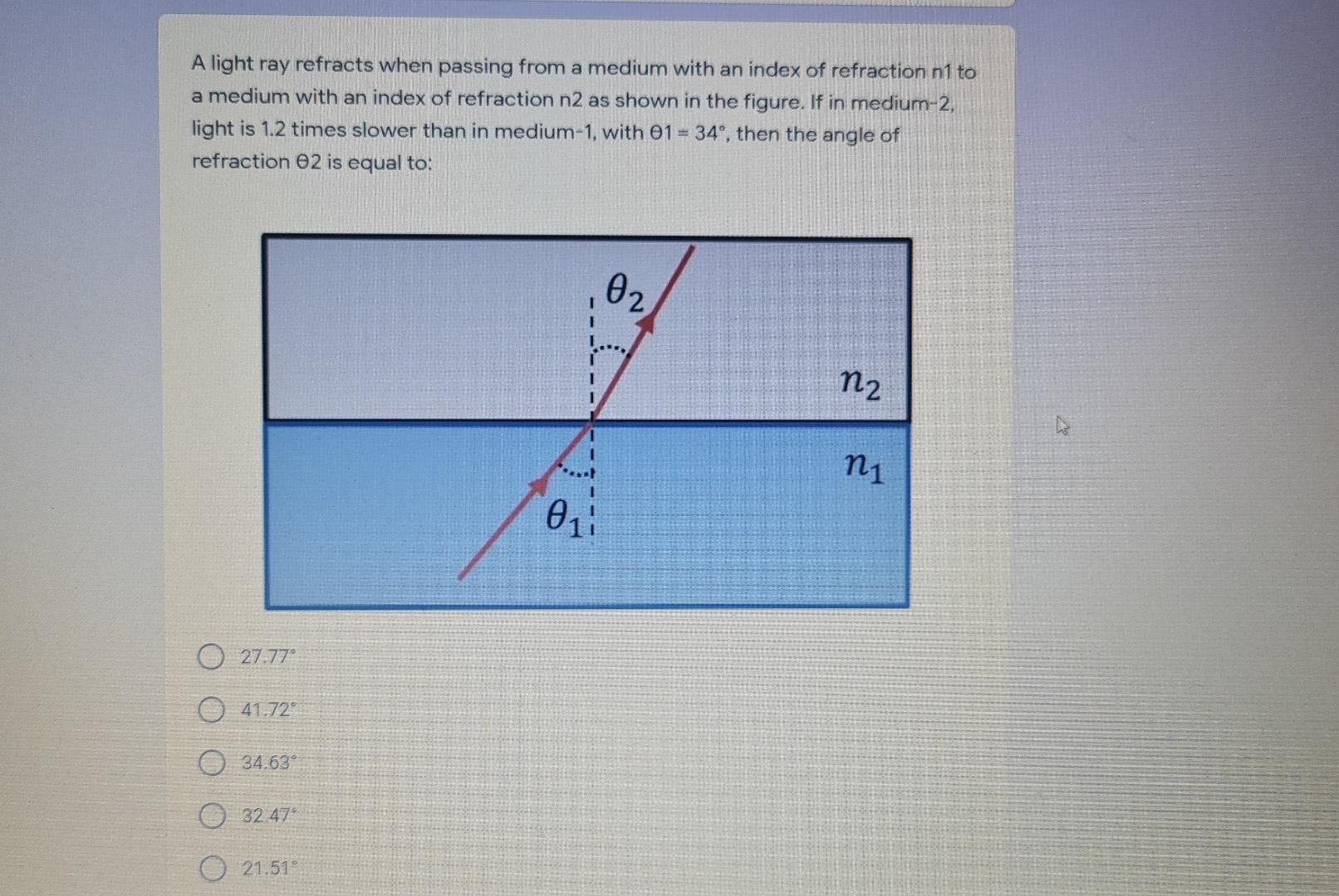 Solved A light ray refracts when passing from a medium with | Chegg.com