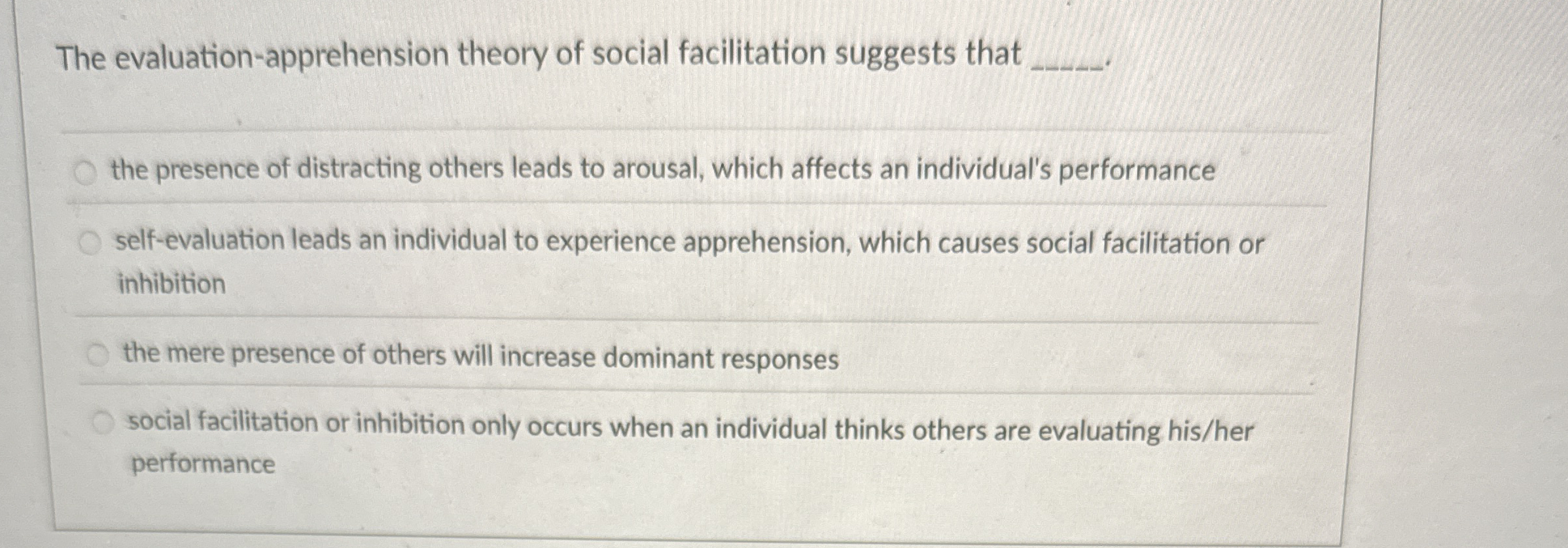Solved The evaluation-apprehension theory of social | Chegg.com