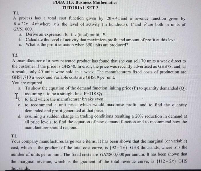 Solved T1. A process has a total cost function given by | Chegg.com