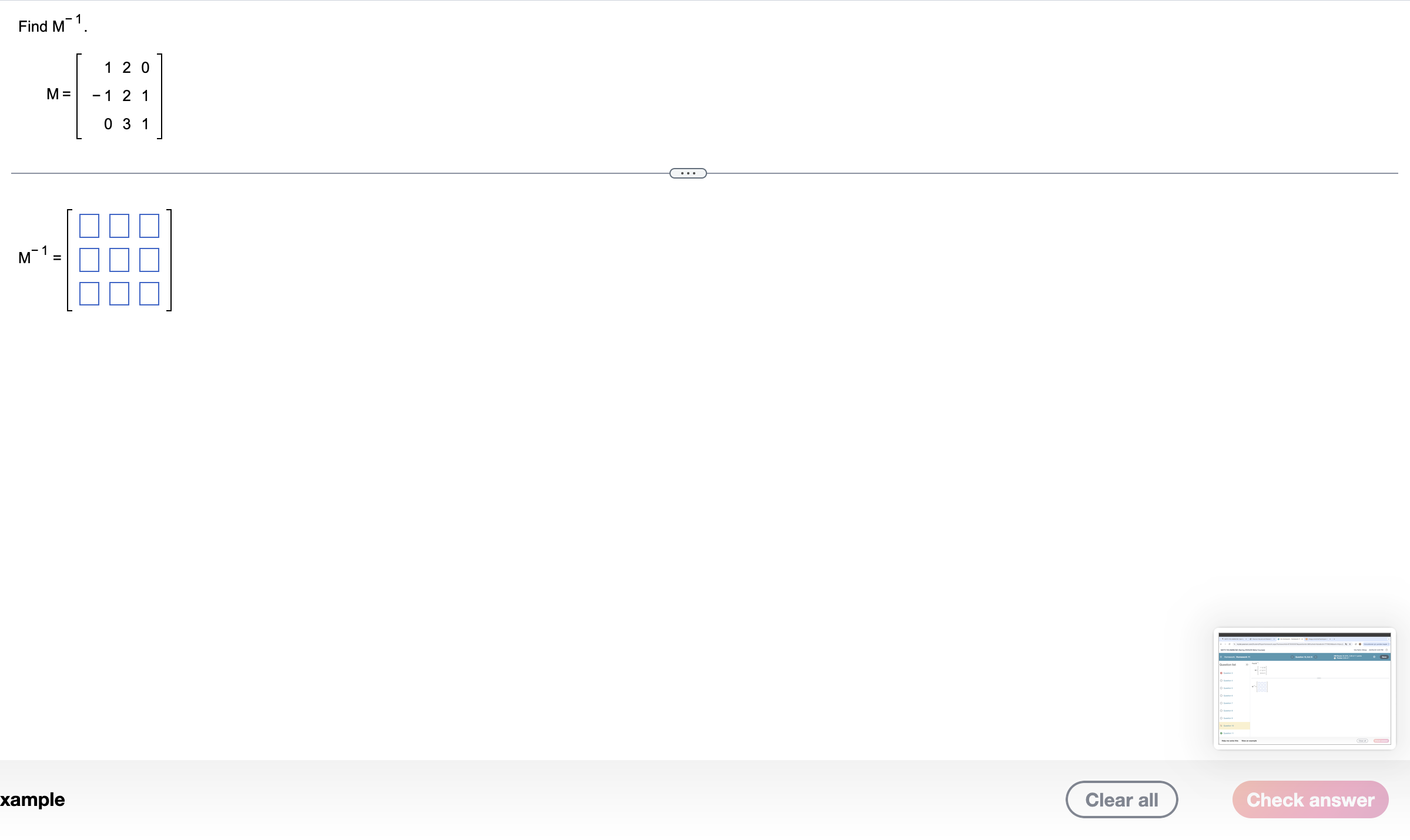 Solved Find M-1.M=[1202131]00-1M-1=[ ] xample | Chegg.com