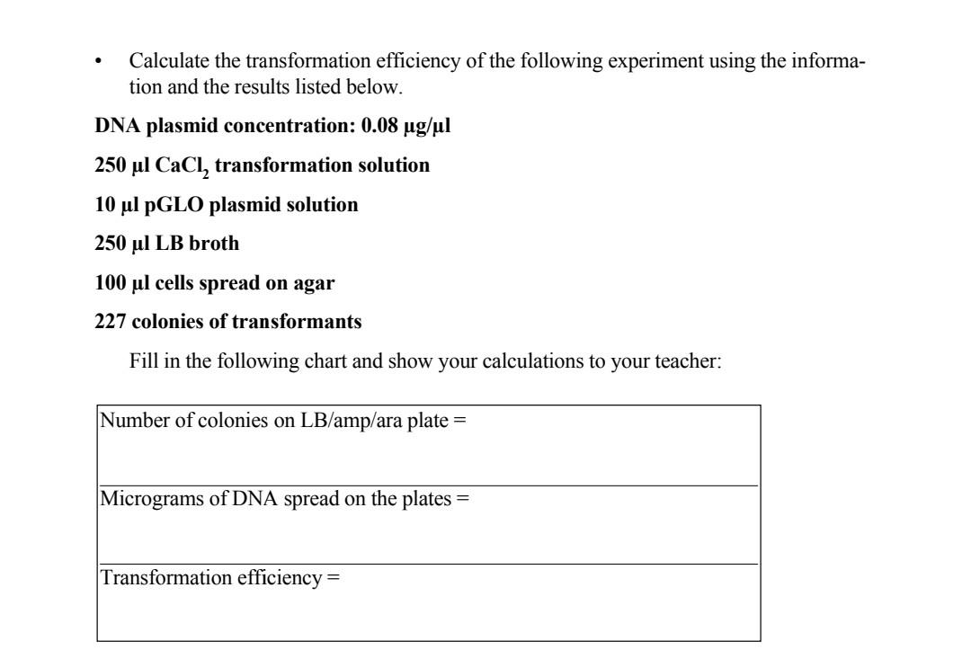 Solved . Calculate the transformation efficiency of the | Chegg.com
