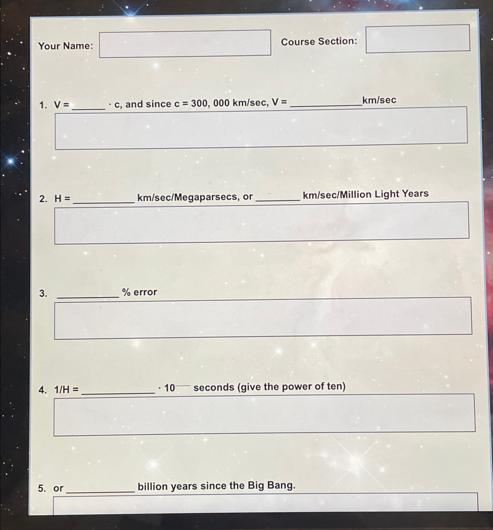 Your Name:Course Section:V= kmsecH= kmsec? | Chegg.com