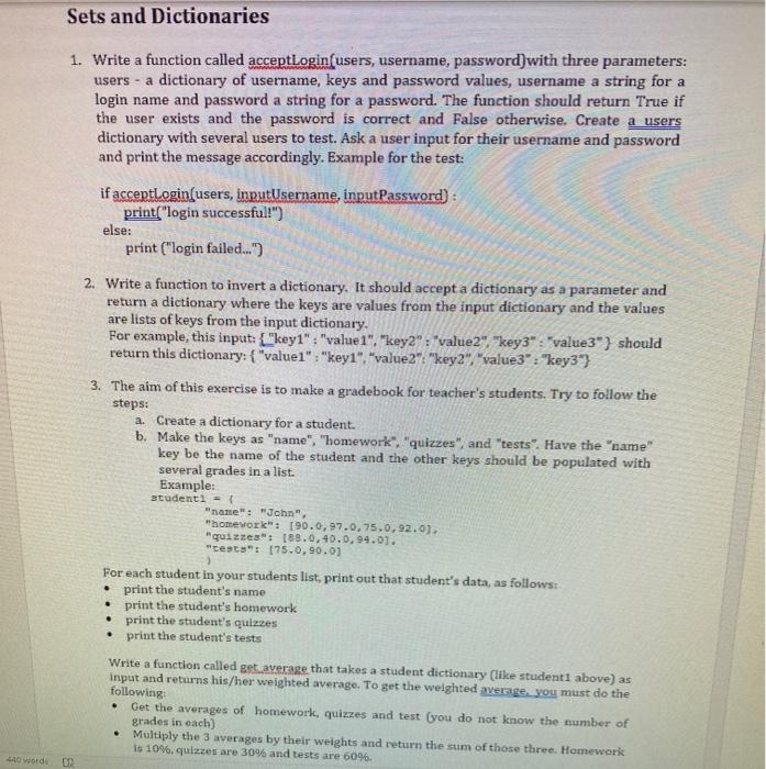 Solved Sets And Dictionaries 1 Write A Function Called 9792