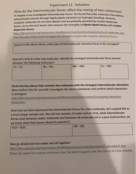 Experiment 11 - Solutions How do the intermolecular | Chegg.com