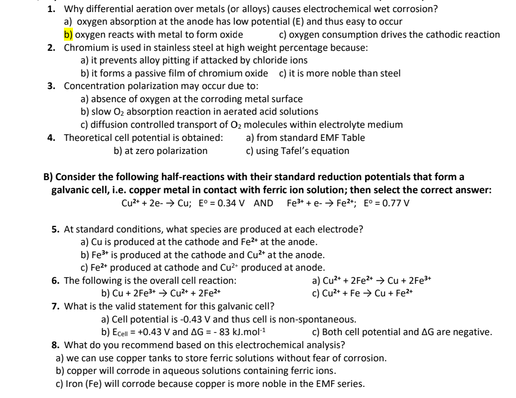 Solved 1. Why differential aeration over metals (or alloys) | Chegg.com