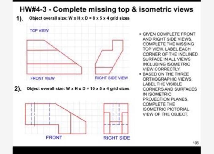 Solved HW#4-3 - Complete missing top & isometric views 1). | Chegg.com