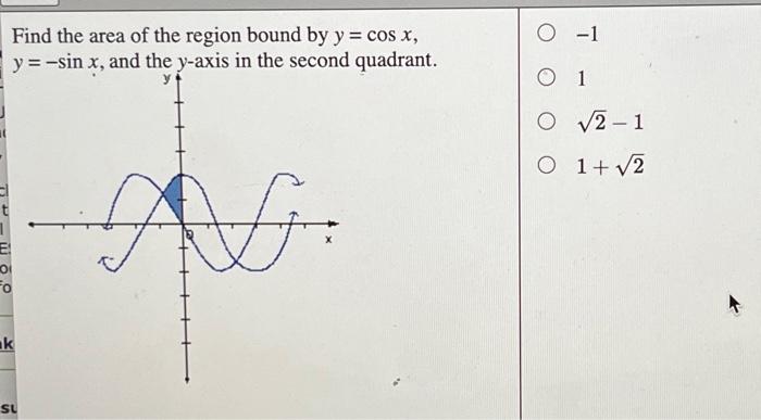 Solved Find the area of the region bound by y=cosx, y=−sinx, | Chegg.com