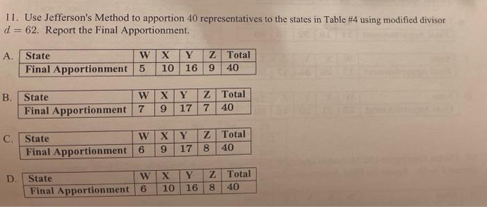 11. Use Jefferson's Method to apportion 40 | Chegg.com