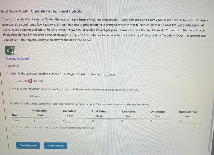 Solved Excel Online Activity: Aggregate Planning - Level | Chegg.com