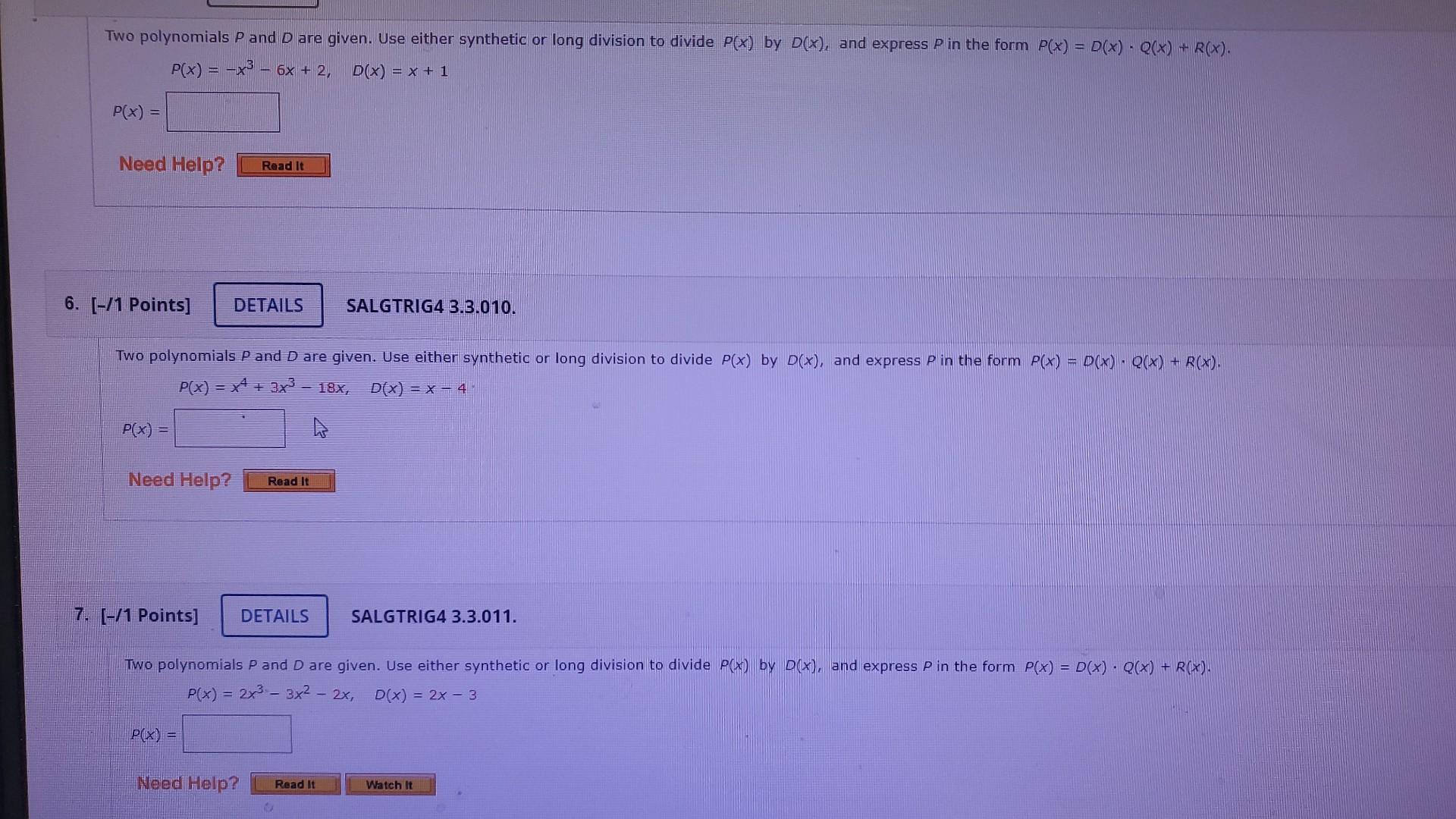 Solved Two polynomials P and D are given. Use either | Chegg.com