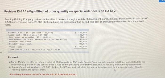 Solved Problem 13-24A (Algo) Effect of order quantity on | Chegg.com