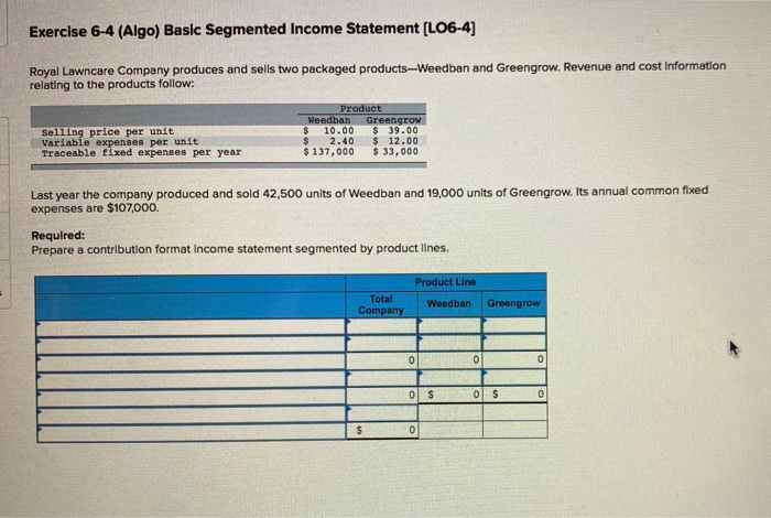 Solved Exercise 6-4 (Algo) Basic Segmented Income Statement | Chegg.com