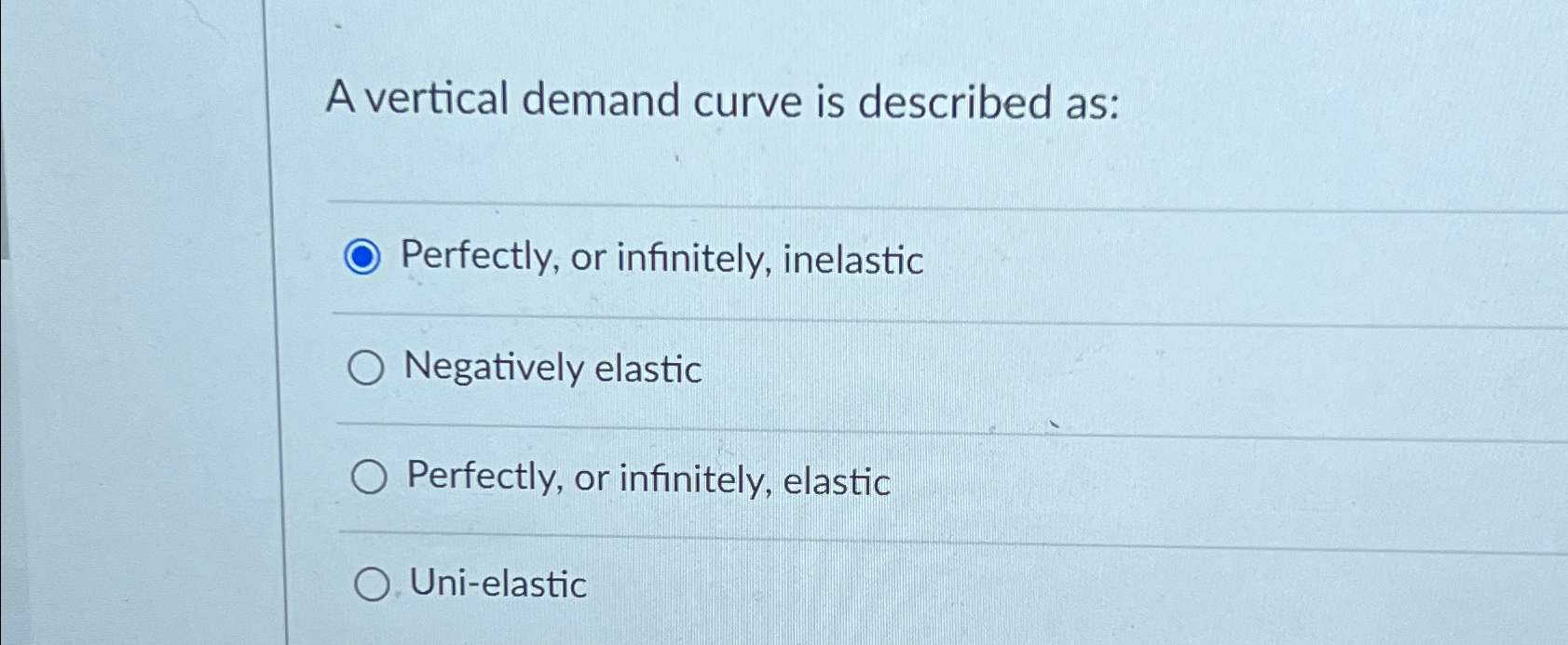 Solved A vertical demand curve is described as:Perfectly, or | Chegg.com