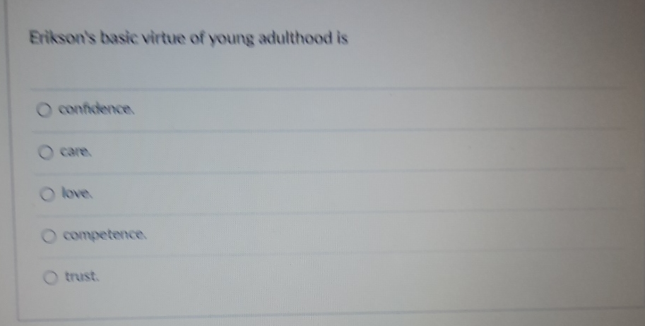 Solved Erikson's basic virtue of young adulthood | Chegg.com
