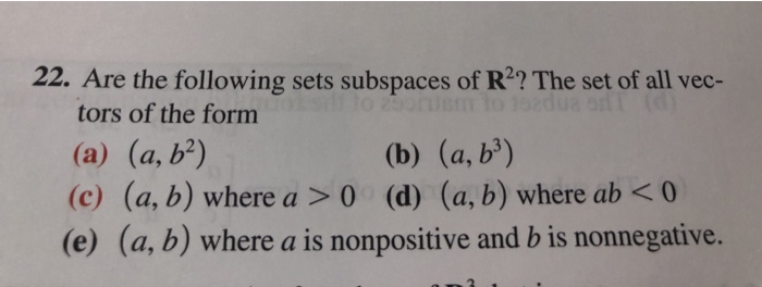 Solved 22. Are the following sets subspaces of R2? The set | Chegg.com