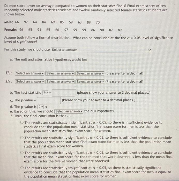 Solved Do men score lower on average compared to women on | Chegg.com