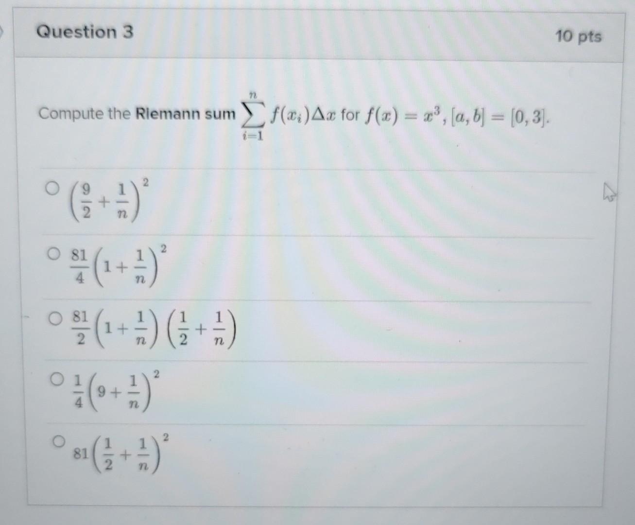 Solved Compute the Rlemann sum ∑i=1nf(xi)Δx for | Chegg.com