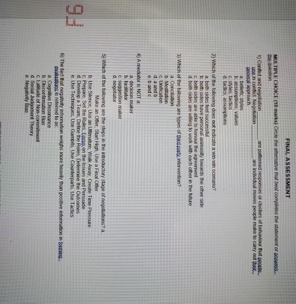 Solved FINAL ASSESSMENT MULTIPLE CHOICE (10 marks) Circle | Chegg.com