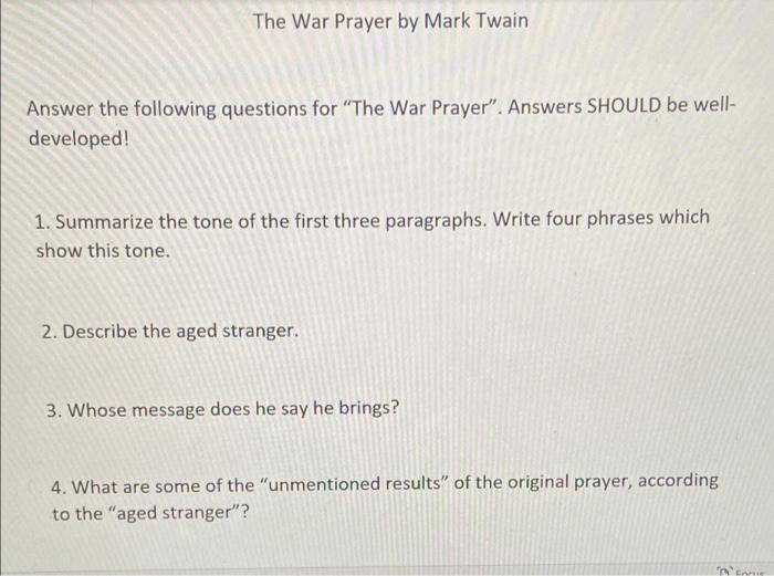 Solved The War Prayer by Mark Twain Answer the following | Chegg.com