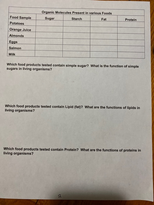 Solved Organic Molecules Present in various Foods Sugar | Chegg.com