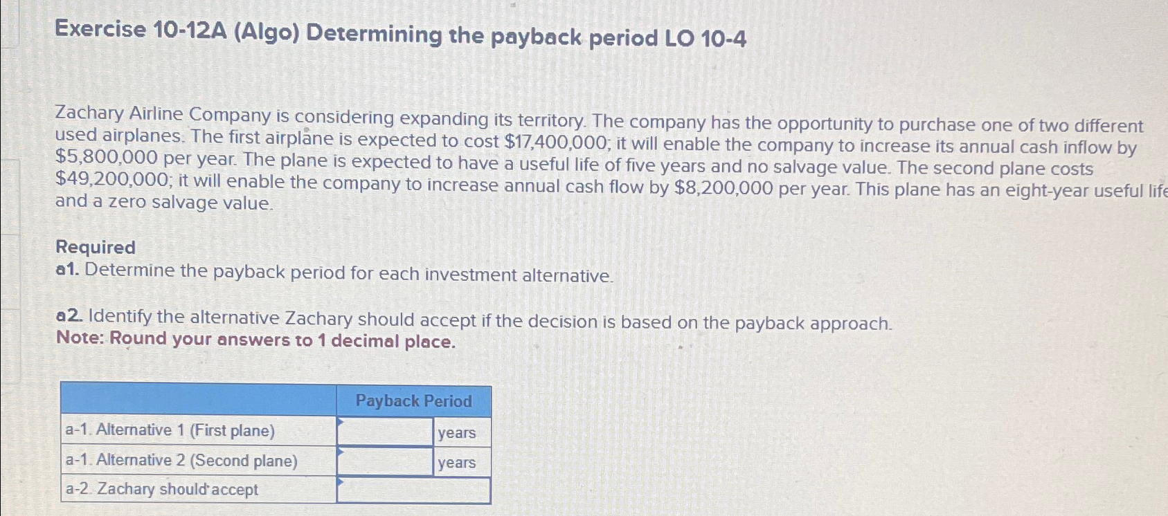 Solved Exercise 10-12A (Algo) ﻿Determining the payback | Chegg.com