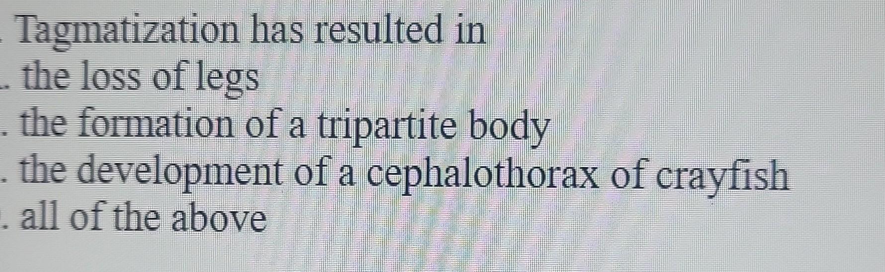 Solved Tagmatization has resulted in the loss of legs the | Chegg.com