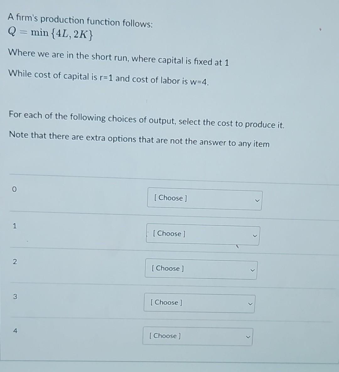 Solved A firm's production function follows: Q=min{4L,2K} | Chegg.com