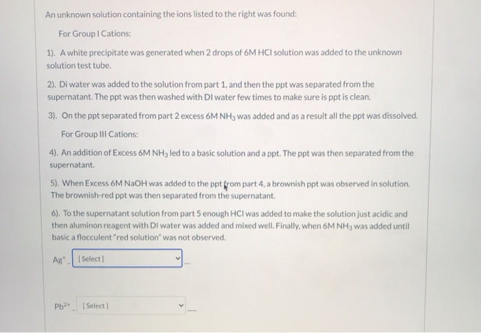 Solved An unknown solution containing the ions listed to the | Chegg.com