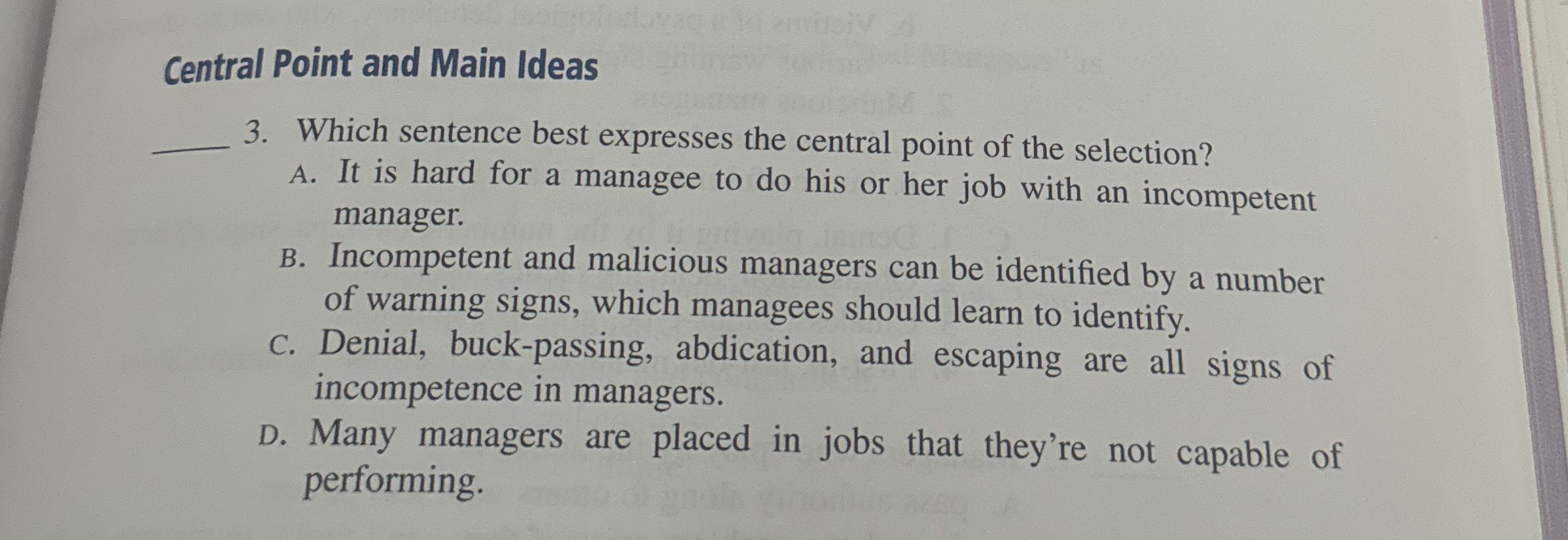 Solved Central Point and Main Ideas3. ﻿Which sentence best | Chegg.com