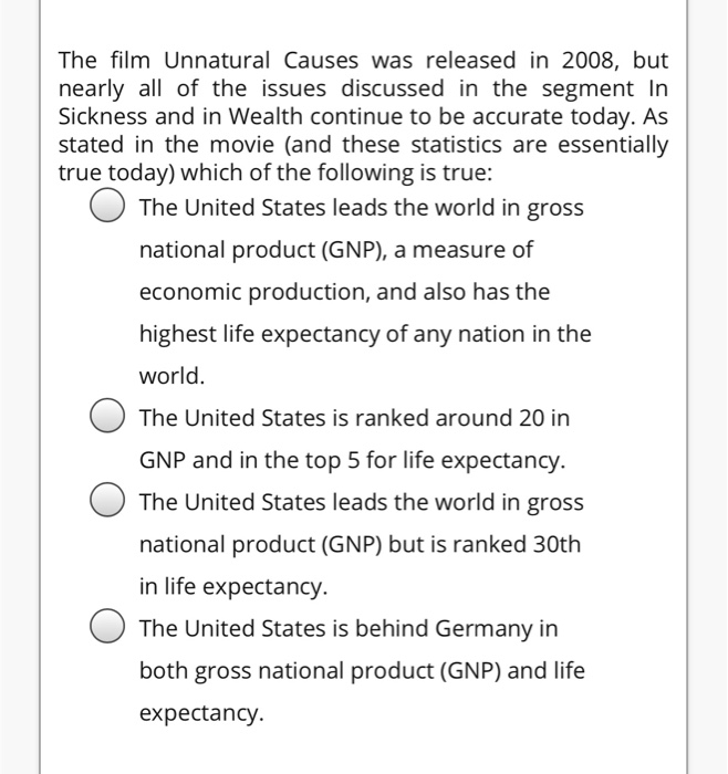 Solved The film Unnatural Causes was released in 2008, but | Chegg.com
