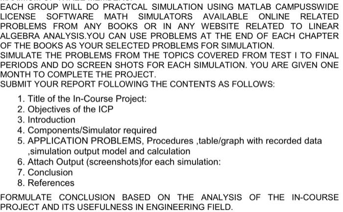 Solved EACH GROUP WILL DO PRACTCAL SIMULATION USING MATLAB | Chegg.com