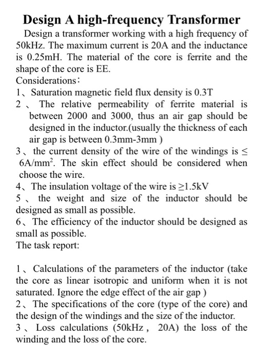 Design A high-frequency Transformer Design a | Chegg.com