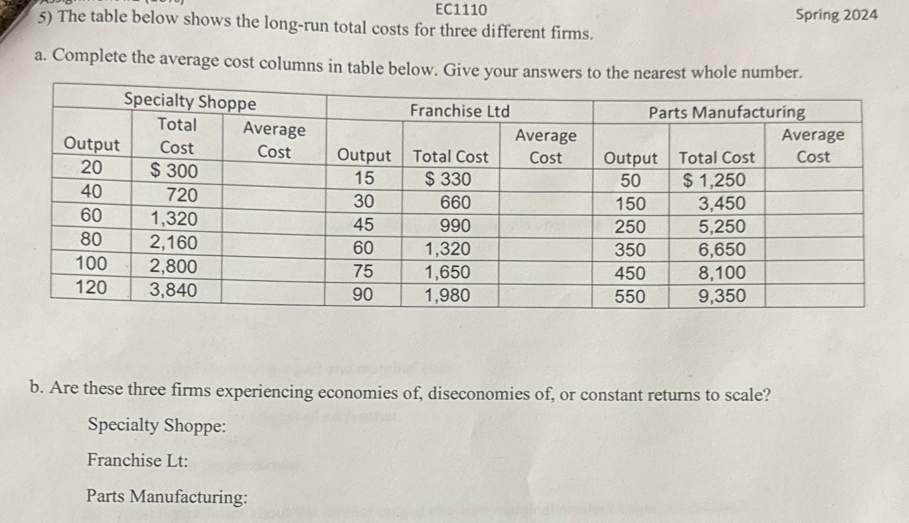 Solved EC1110The table below shows the long-run total costs | Chegg.com