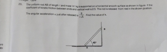 Solved The uniform rod AB ﻿of length l ﻿and mass ' m ' kg | Chegg.com