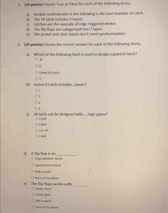 Solved 2. (10 points) Choose True or False for each of the | Chegg.com