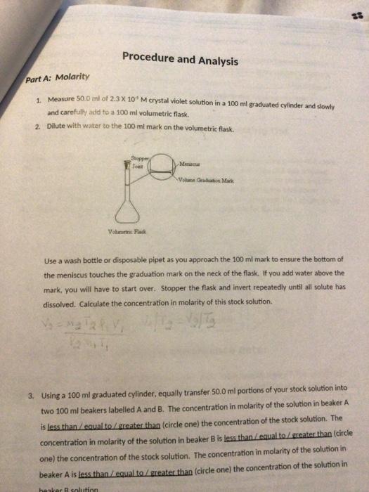 Solved Procedure and Analysis Part A: Molarity 1. Measure | Chegg.com