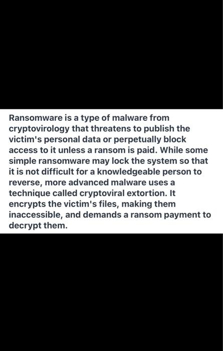 Solved Ransomware is a type of malware from cryptovirology | Chegg.com