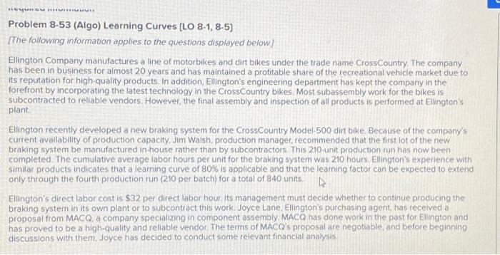 Solved Problem 8-53 (Algo) Learning Curves [LO 8-1, 8-5] | Chegg.com