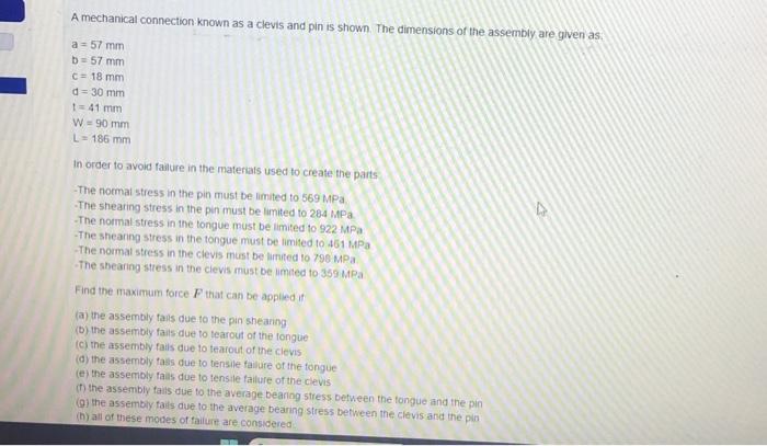 Solved A mechanical connection known as a clevis and pin is | Chegg.com