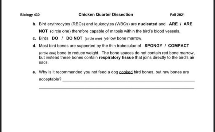 Biology 430 Chicken Quarter Dissection Fall 2021 b. | Chegg.com
