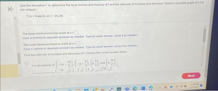 Solved Use the derivative f′ to determine the local minima | Chegg.com