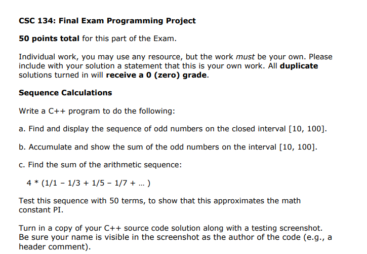 Solved CSC 134: Final Exam Programming Project50 ﻿points | Chegg.com