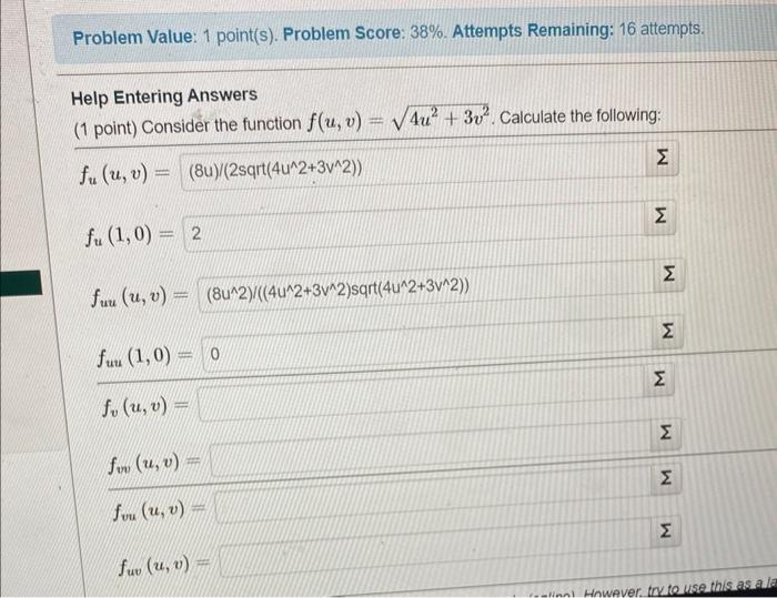 Solved (1 point) Consider the function f(u,v)=4u2+3v2. | Chegg.com