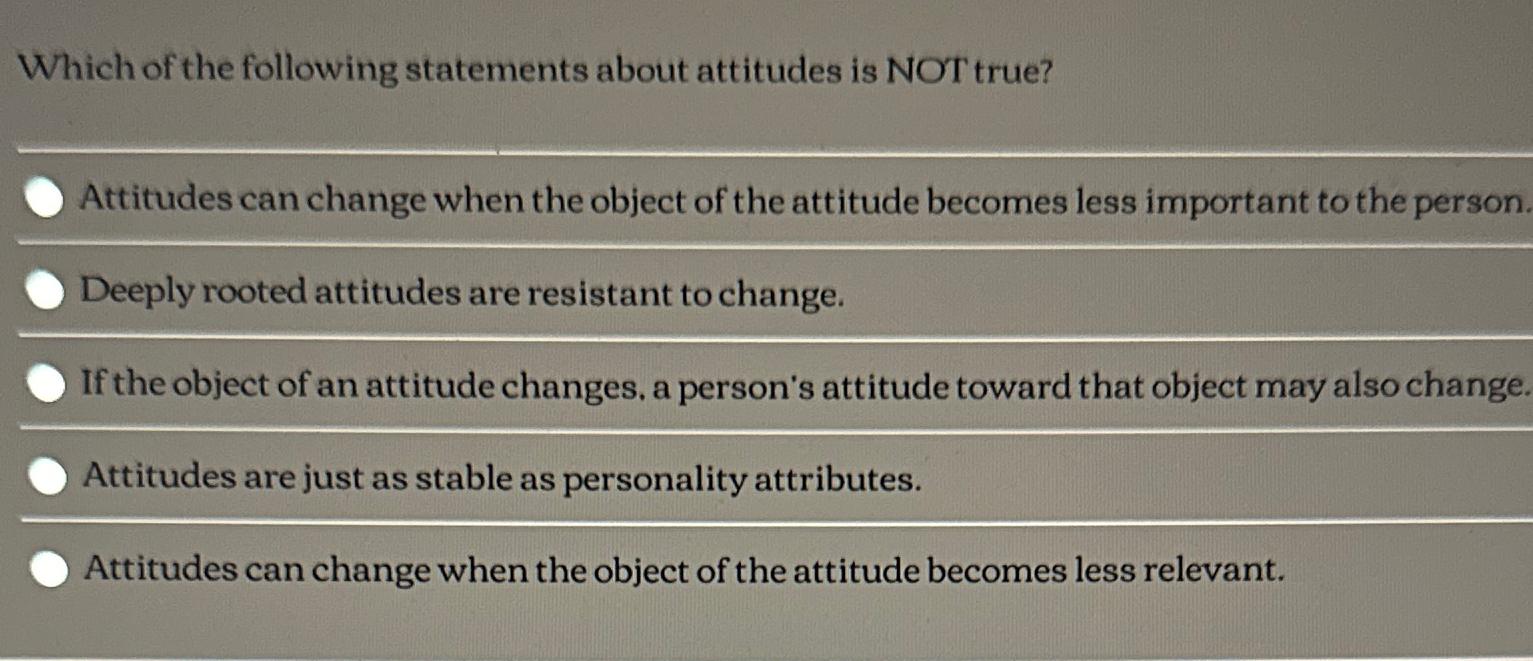 Solved Which of the following statements about attitudes is | Chegg.com