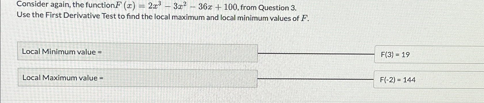 Solved Consider again, the function F(x)=2x3-3x2-36x+100, | Chegg.com