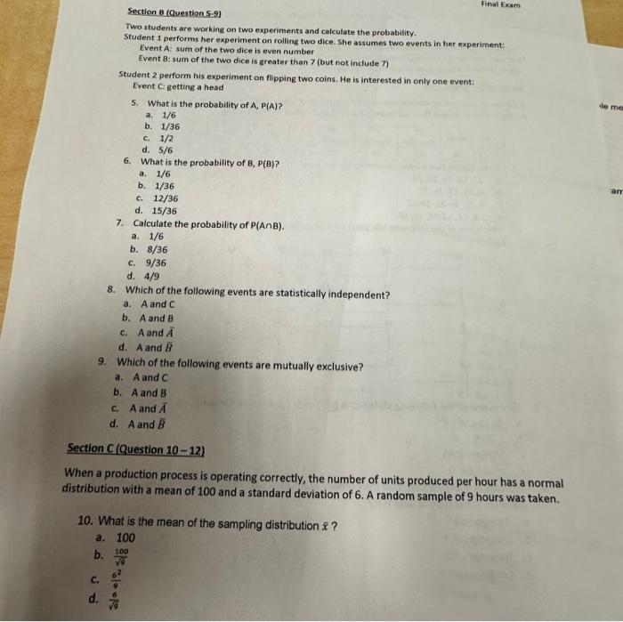 Solved 5. What is the probability of A,P(A) ? a. 1/6 b. 1/36 | Chegg.com