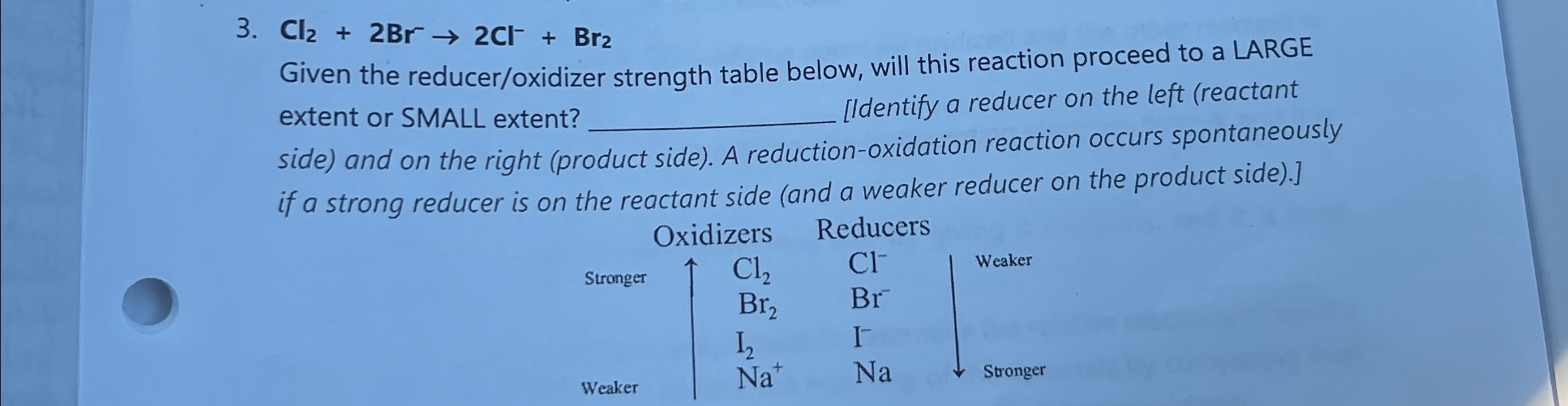 Solved Cl2+2Br-→2Cl-+Br2Given the reducer/oxidizer strength | Chegg.com