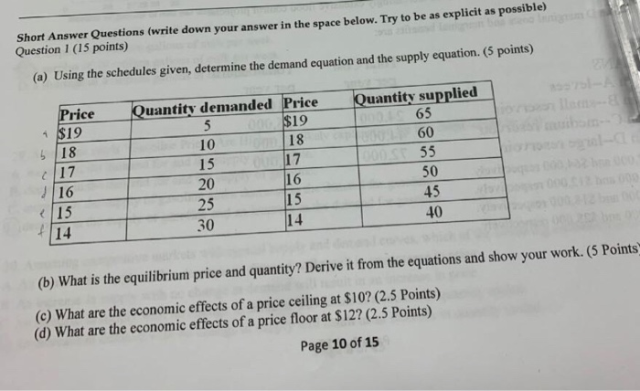 Solved Short Answer Questions (write down your answer in the | Chegg.com