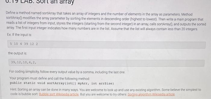 Solved Define A Method Named Sortarray That Takes An Array